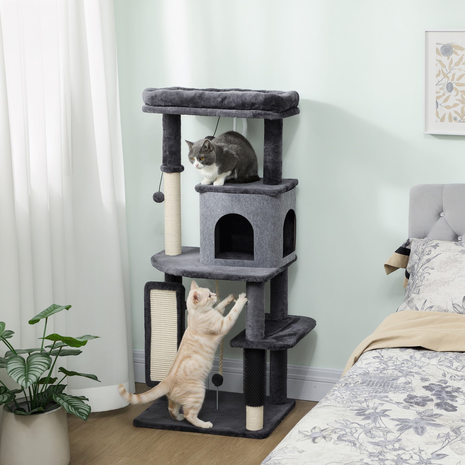 Arbre a Chat de 132 cm avec Poteaux a Griffer, Gris Fonce - Brick