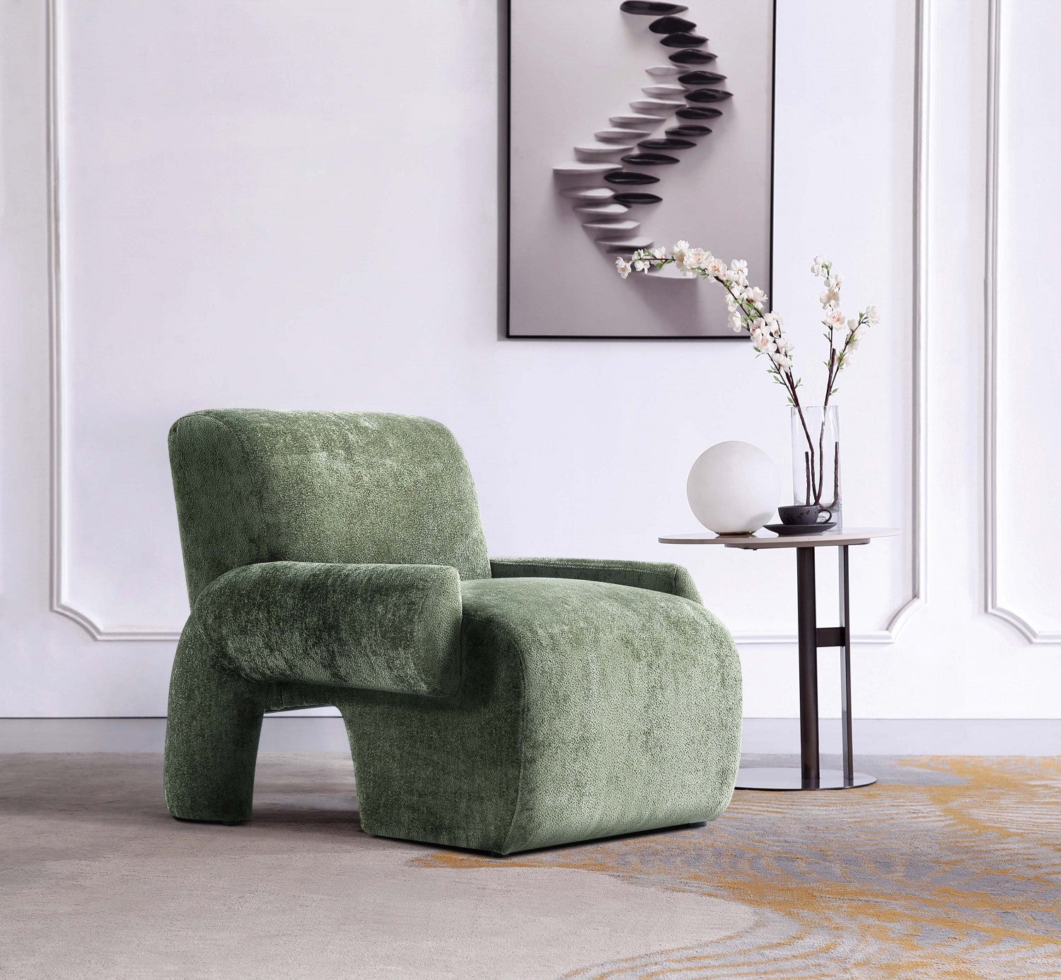 Fauteuil lounge en chenille vert olive Verandah style mid-century m ...
