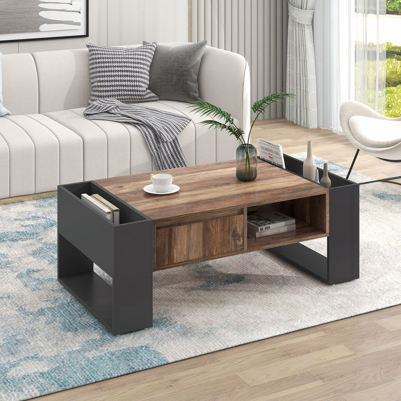 Table Basse Kay Avec Tiroir Sans Poignee Et Double Rangement, Gris - Brick