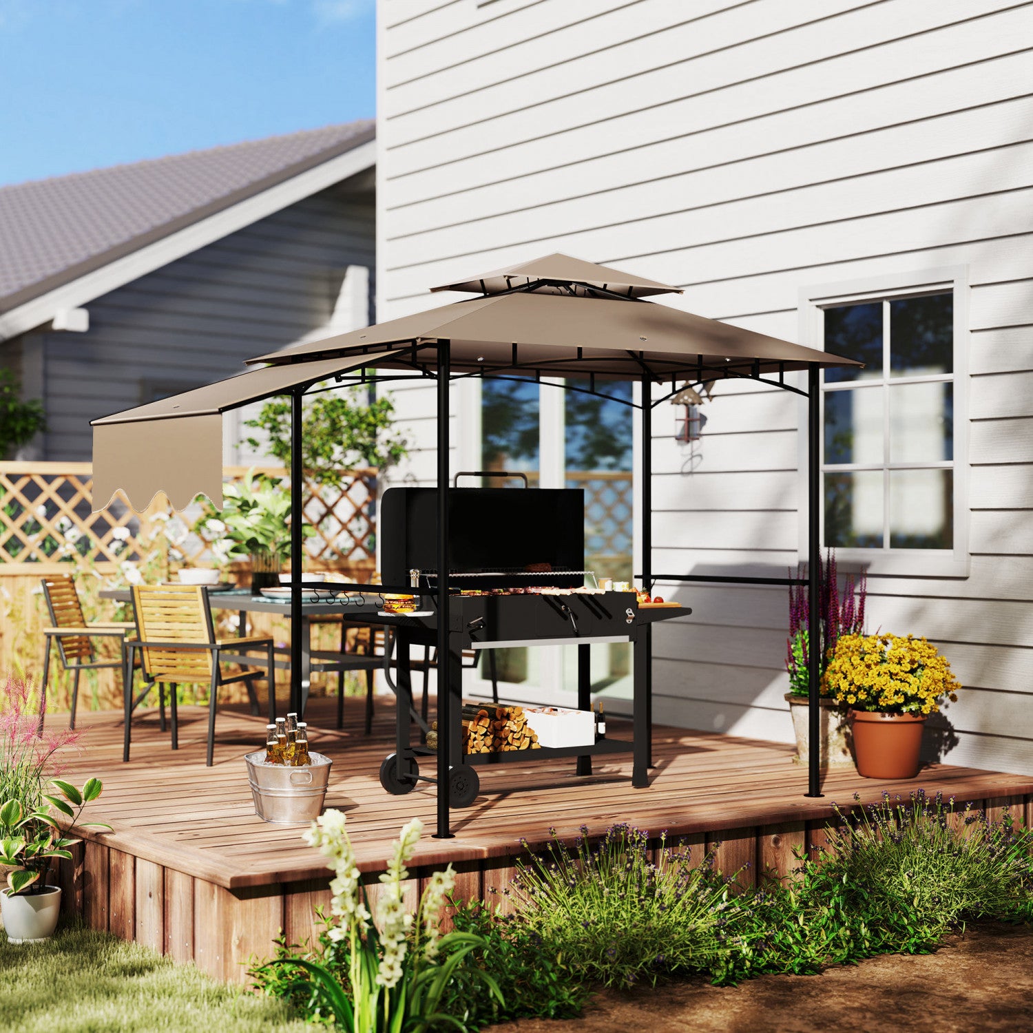 Outsunny Tonnelle De Barbecue 8' X 5', Abri Bbq A Deux Niveaux, Kaki ...