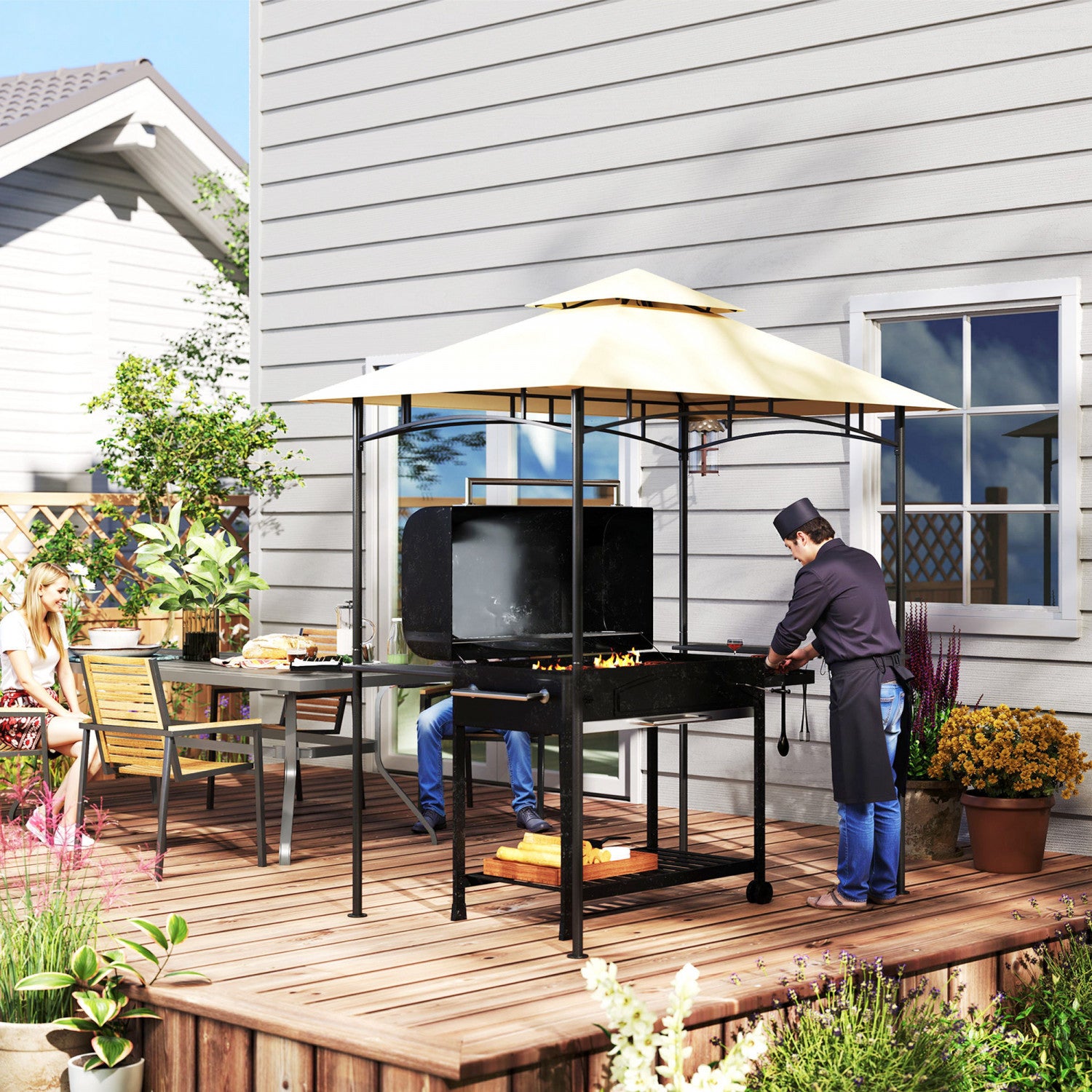 Outsunny Tonnelle De Barbecue A Deux Niveaux, 8' X 5', Beige - Brick